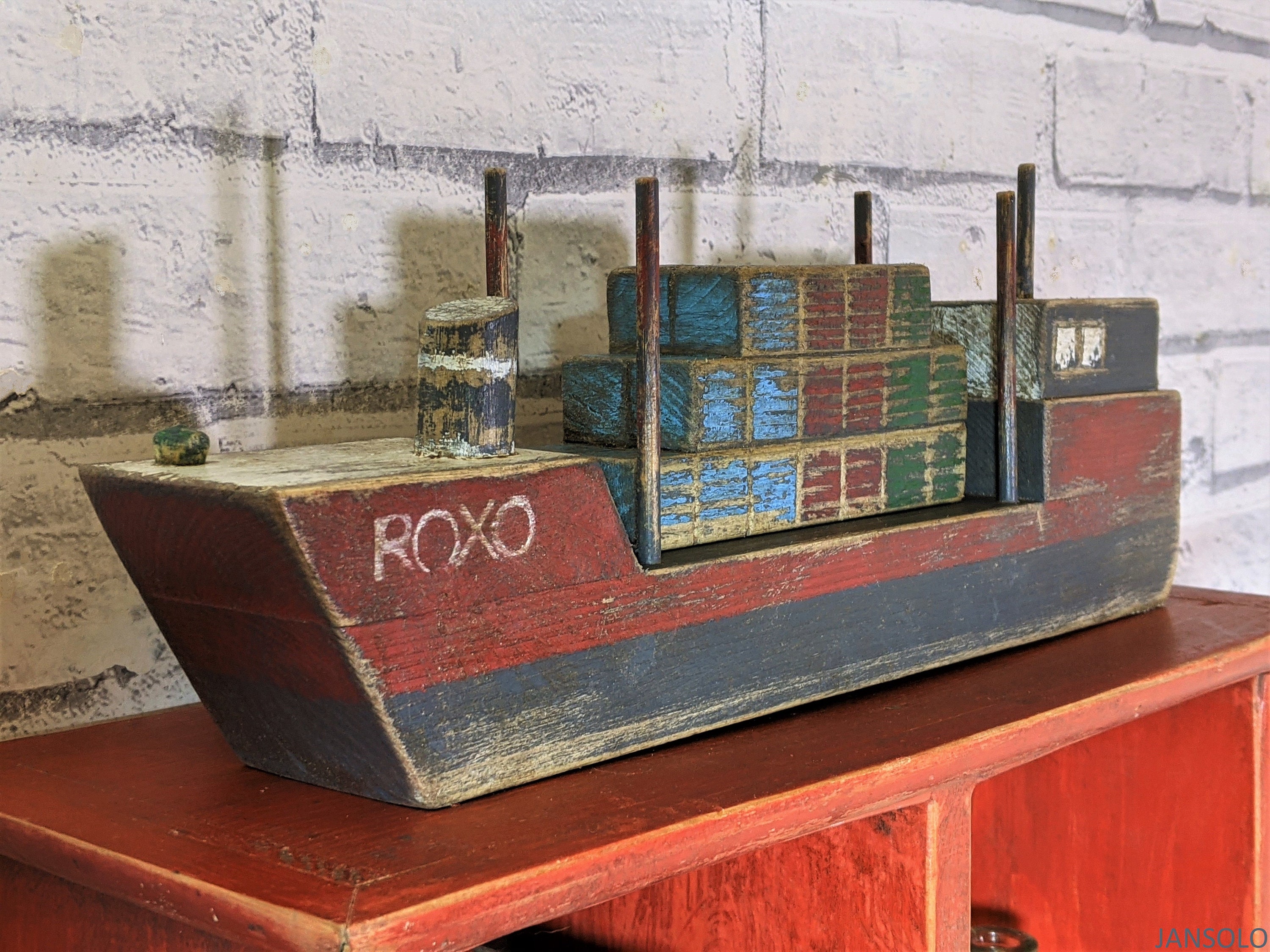 Handmade Wooden Container Ship, Cargo Boat, Reclaimed Wood, Handpainted ...