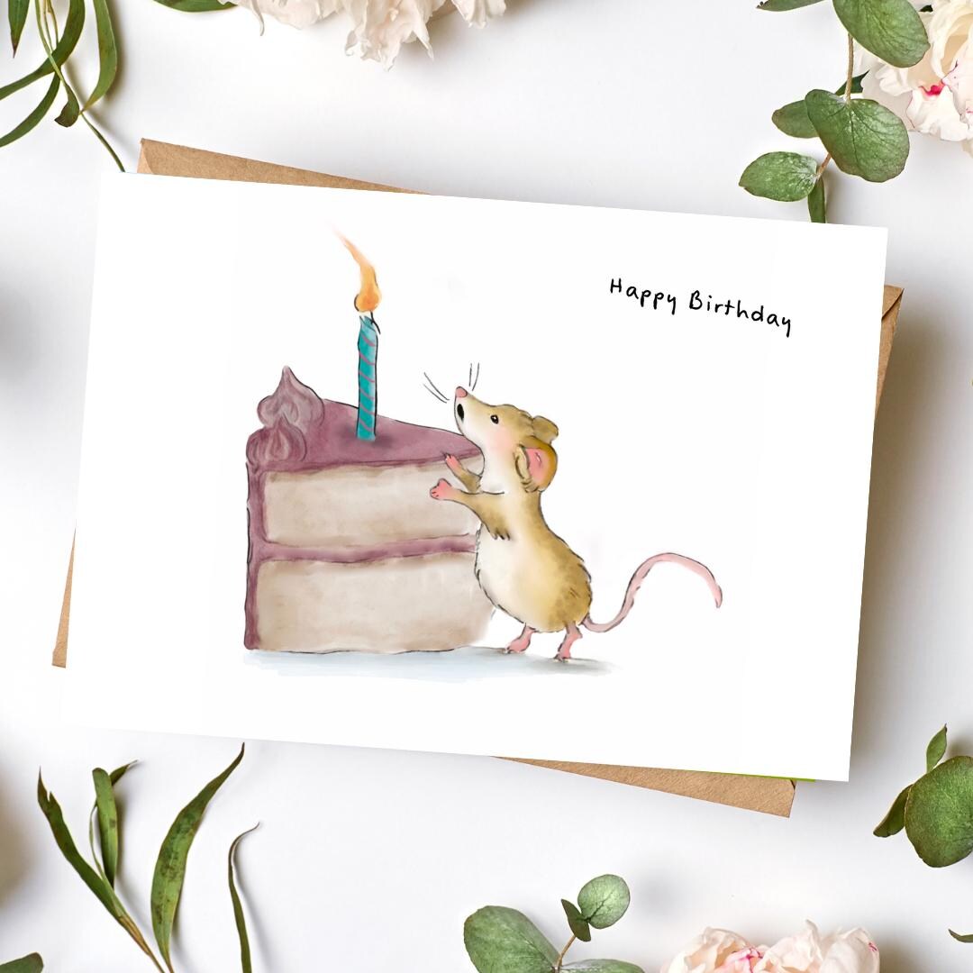 Mouse Birthday Card, Cute Whimsical Mouse Blowing Out A Candle, Mouse ...