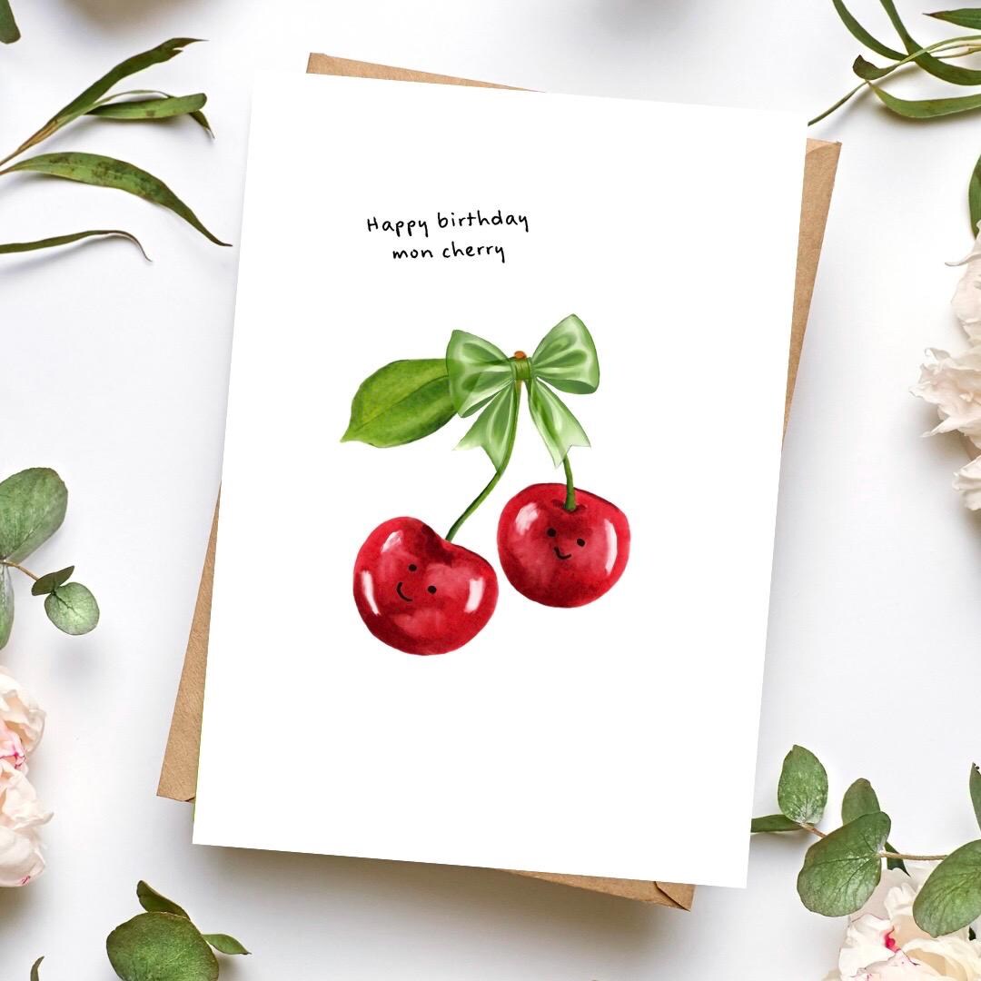 Cherry Birthday Card, Cherry and Bow Greetings Card, Card for Best ...