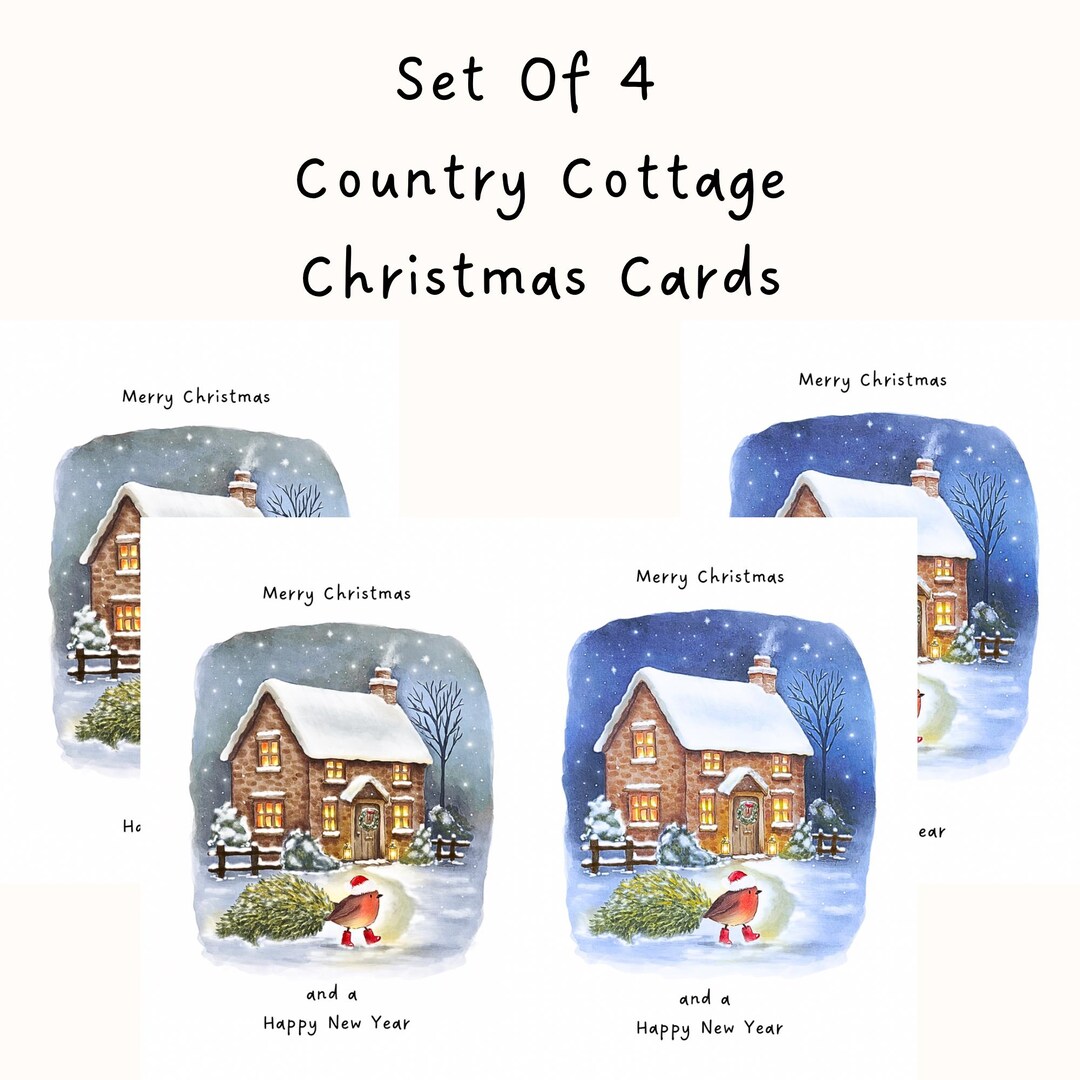 Cottagecore Christmas Cards: Snowy Winter Scene, Hand-illustrated, Set ...