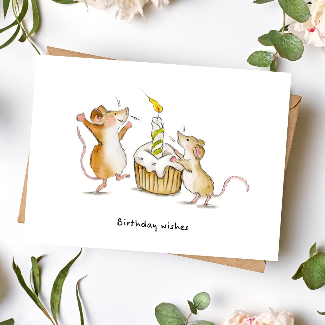 Mouse Birthday Card for Friends, Cute Whimsical Mice Blowing Out A ...