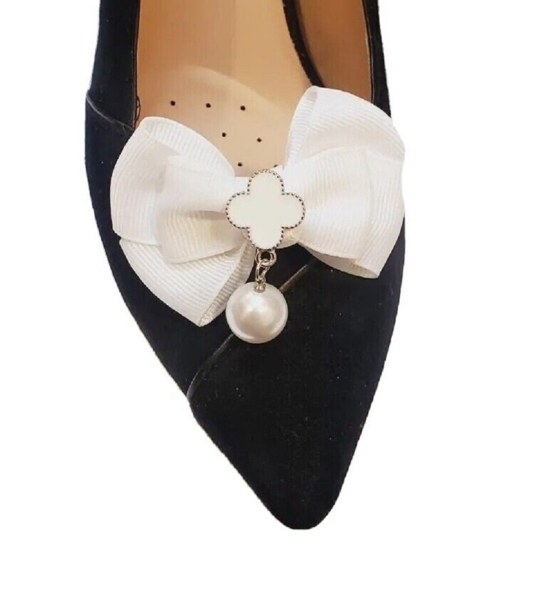 White Bow Shoe Clips With Charm: Fabric Shoe Accessory (2pcs) - Etsy