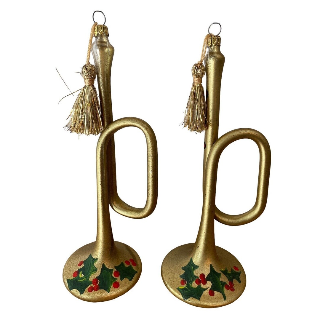 Vintage Trumpet Ornaments Gold With Painted Holly Set of 2 - Etsy