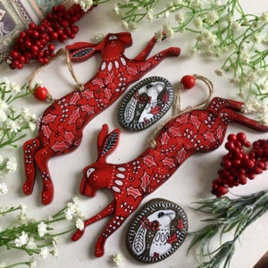 Large Hand Painted Christmas Hare Gift Set. Hanging Wooden Red Hare and ...
