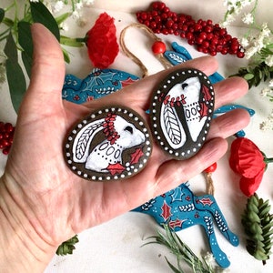 Large Hand Painted Christmas Hare Gift Set. Hanging Wooden Blue Hare ...