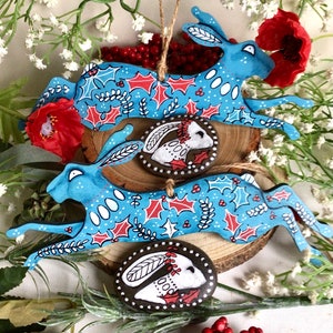 Large Hand Painted Christmas Hare Gift Set. Hanging Wooden Blue Hare ...