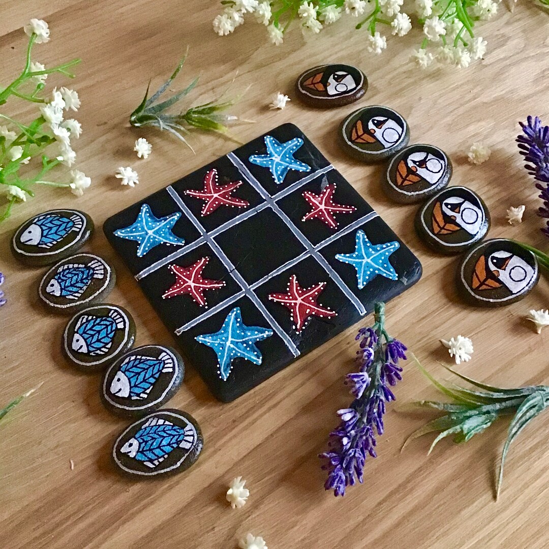 Mini Handmade Painted Puffins and Starfish Slate and Pebble Noughts ...