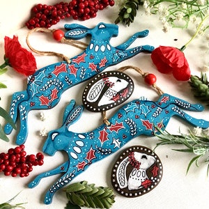 Large Hand Painted Christmas Hare Gift Set. Hanging Wooden Blue Hare ...