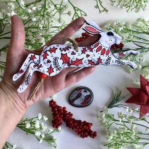 Large Hand Painted Christmas Hare Gift Set. Hanging Wooden Red Hare and ...