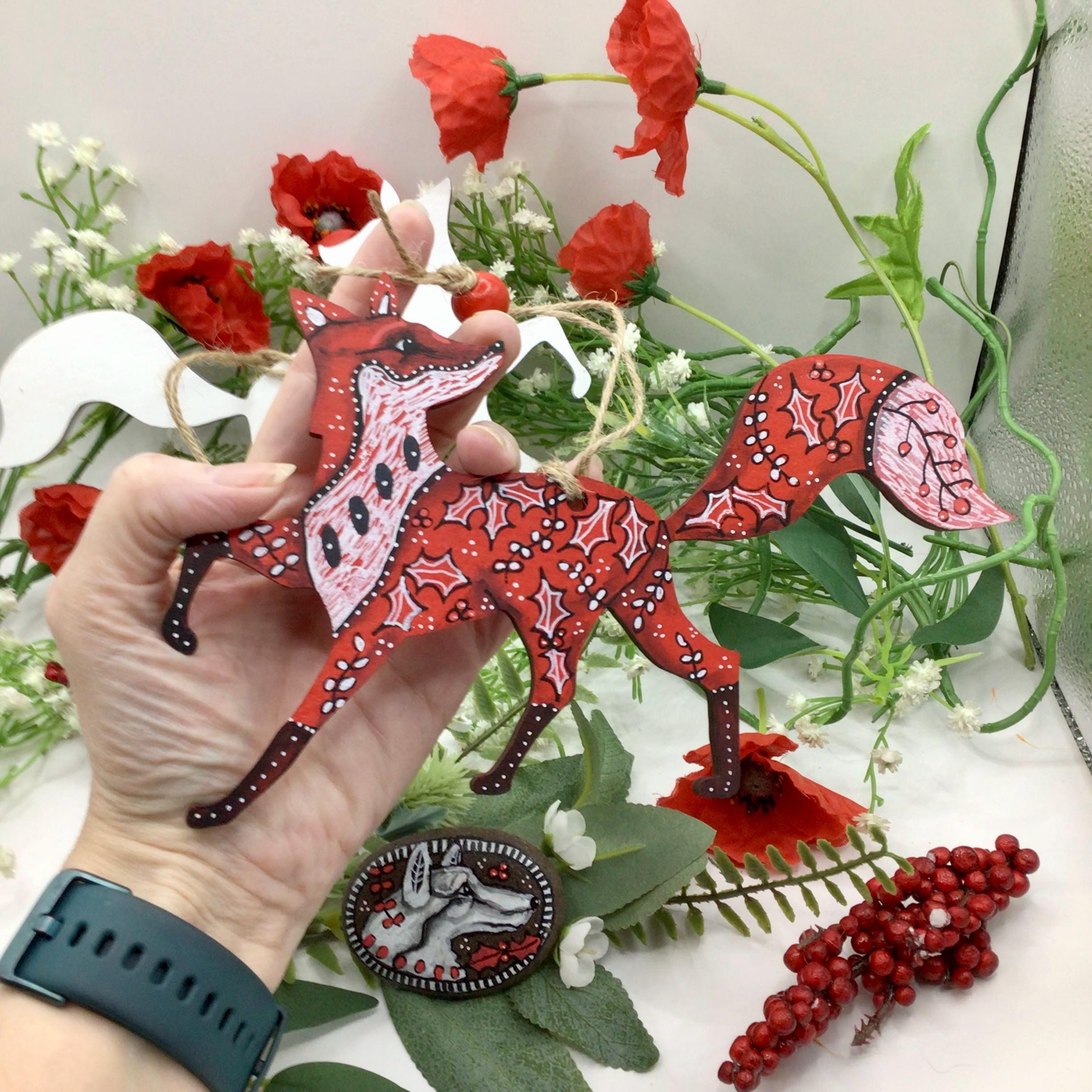 Hand Painted Christmas Fox Gift Set. Hanging Wooden Fox and Stone ...