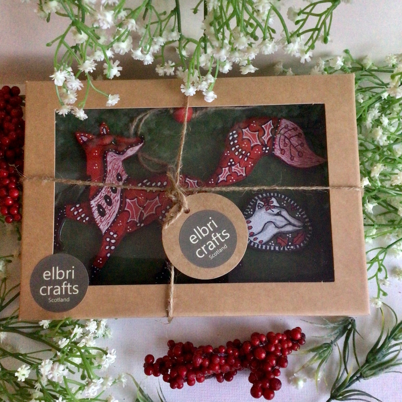 Hand Painted Christmas Fox Gift Set. Hanging Wooden Fox and Stone ...