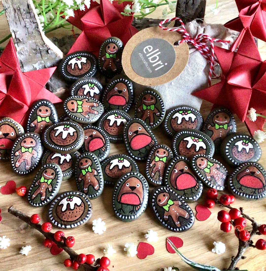 3 Mini Hand Painted Christmas Pebbles in a Bag. Cute Xmas Puds ...