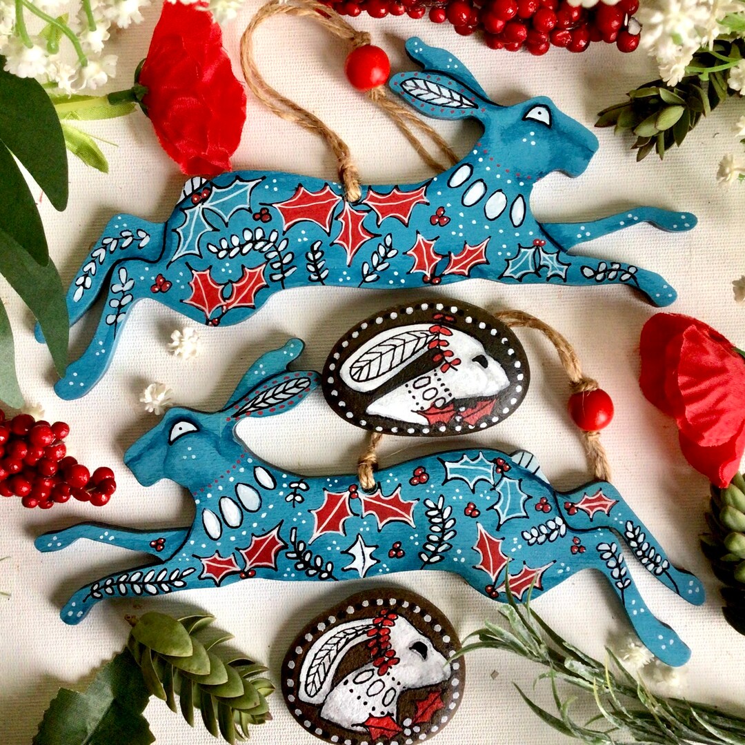 Large Hand Painted Christmas Hare Gift Set. Hanging Wooden Blue Hare ...