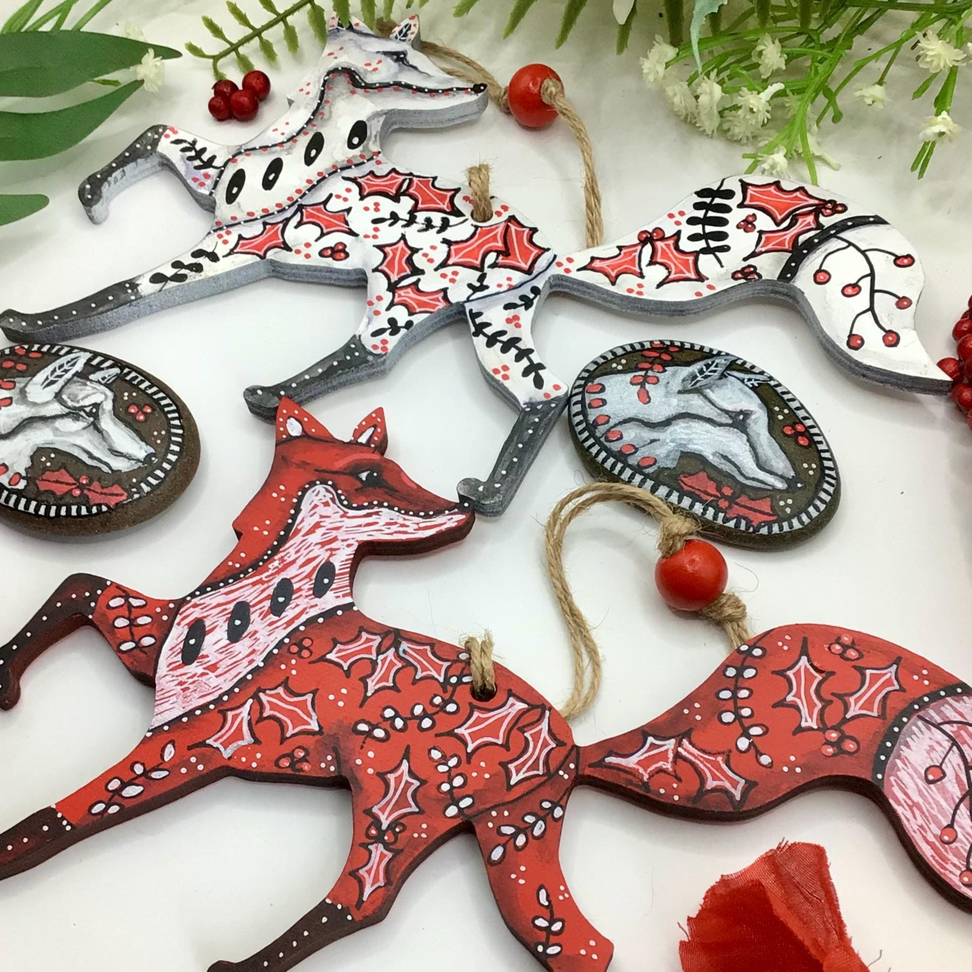 Hand Painted Christmas Fox Gift Set. Hanging Wooden Fox and Stone ...