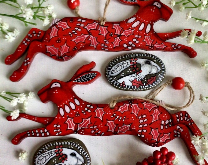 Large Hand Painted Christmas Hare Gift Set. Hanging Wooden Red Hare and ...