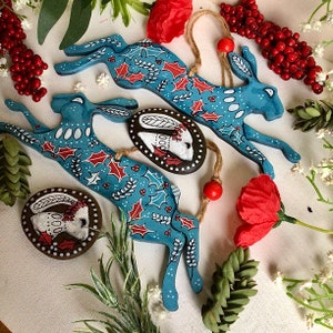 Large Hand Painted Christmas Hare Gift Set. Hanging Wooden Blue Hare ...