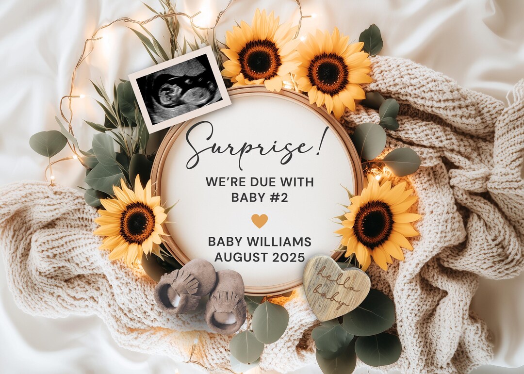 Sunflowers Second Baby Pregnancy Announcement Digital, We're Due With ...