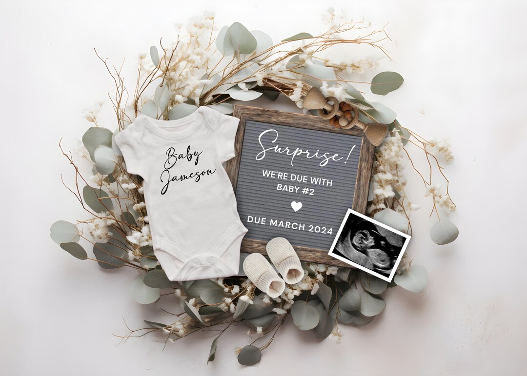 Second Baby Pregnancy Announcement Digital, Boho We're Due With Baby #2 ...