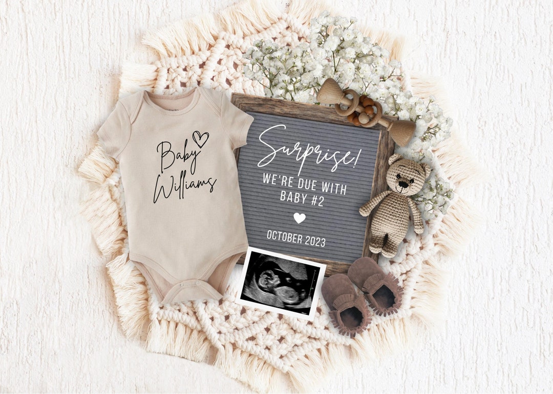 Boho Second Baby Pregnancy Announcement Digital, We're Due With Baby #2 ...