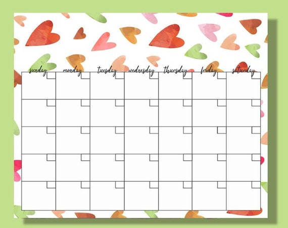 Hearts Calendar Printable Calendar Blank Calendar - Etsy