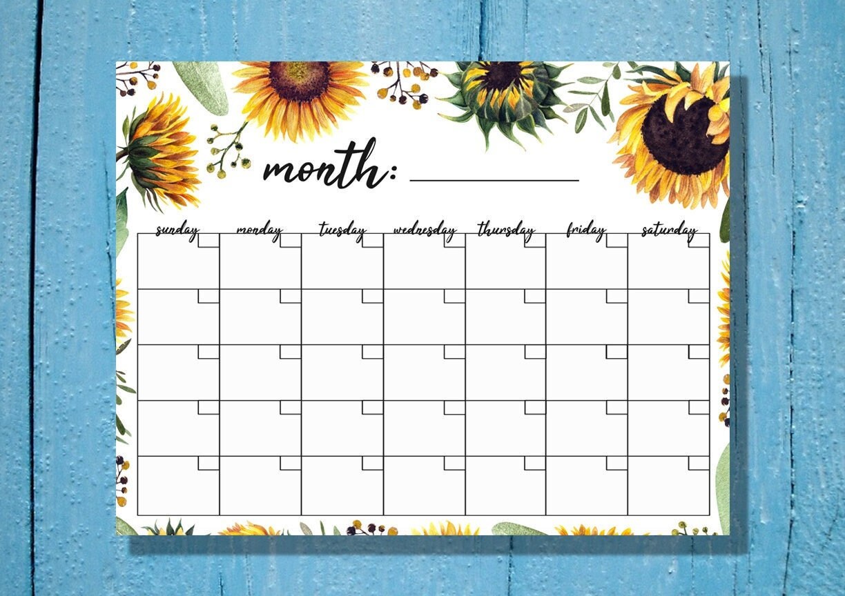 Printable Sunflower Monthly Calendar | Planner | Agenda | Organize ...