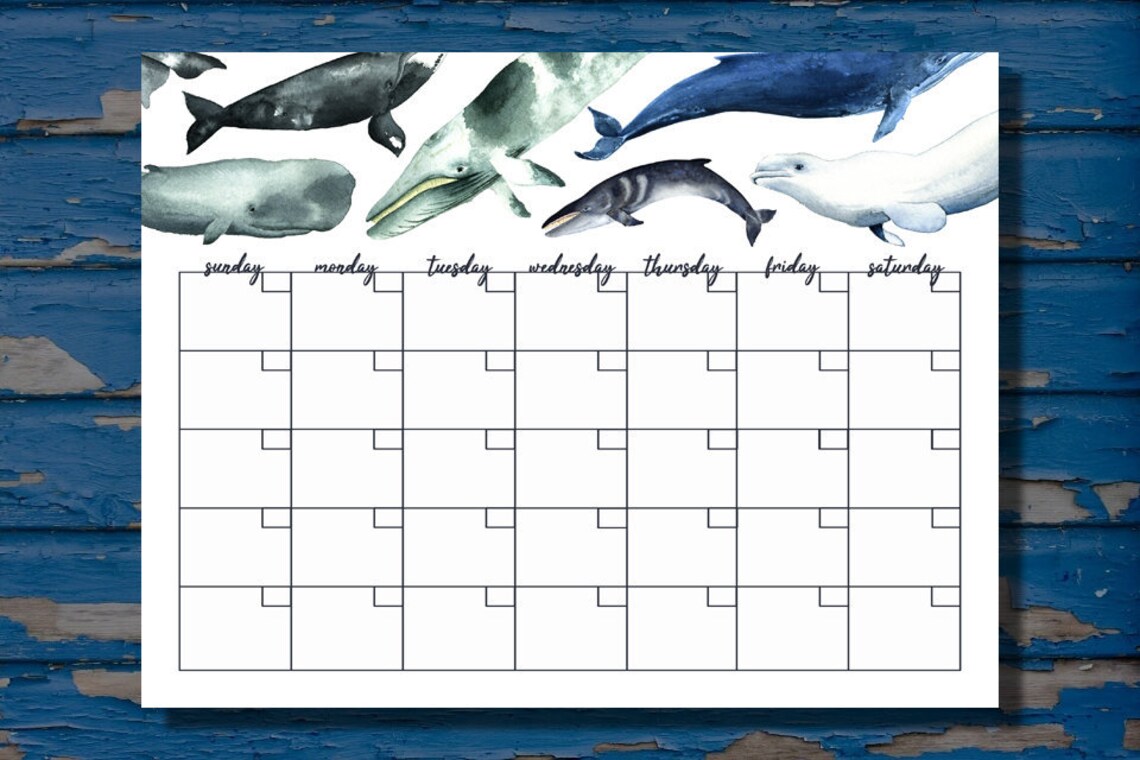 Whales Blank Printable Calendar | Whale | Ocean | Beach | Nautical ...