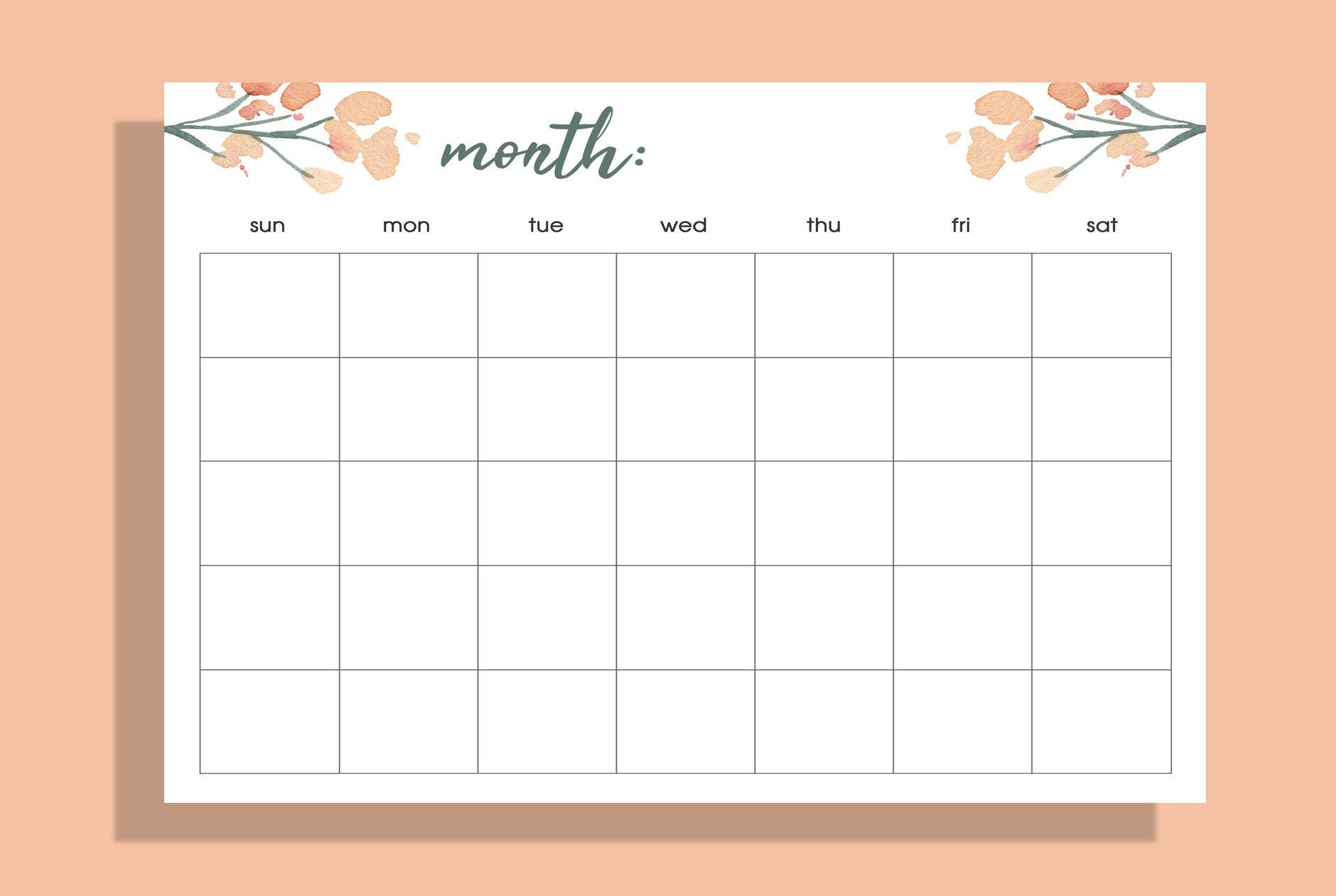 Monthly Calendar Blank Calendar Floral Calendar Printable | Etsy