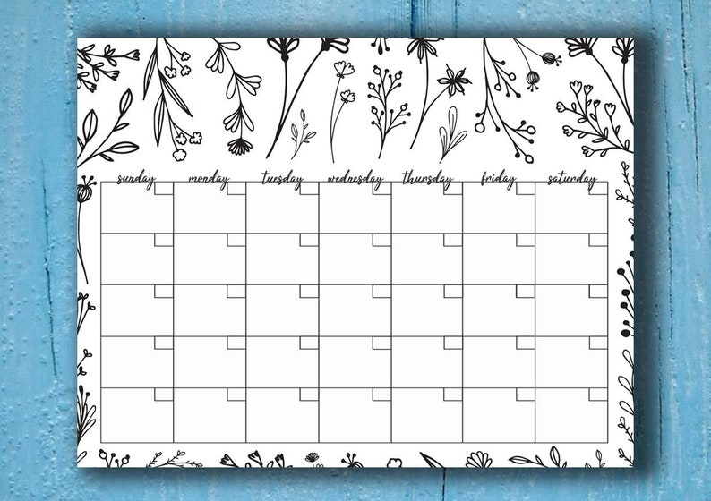 Floral Monthly Calendar, Blank Calendar, Printable, Monthly Agenda ...