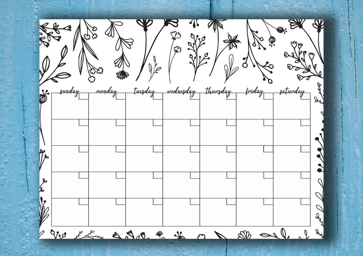 Floral Monthly Calendar, Blank Calendar, Printable, Monthly Agenda ...