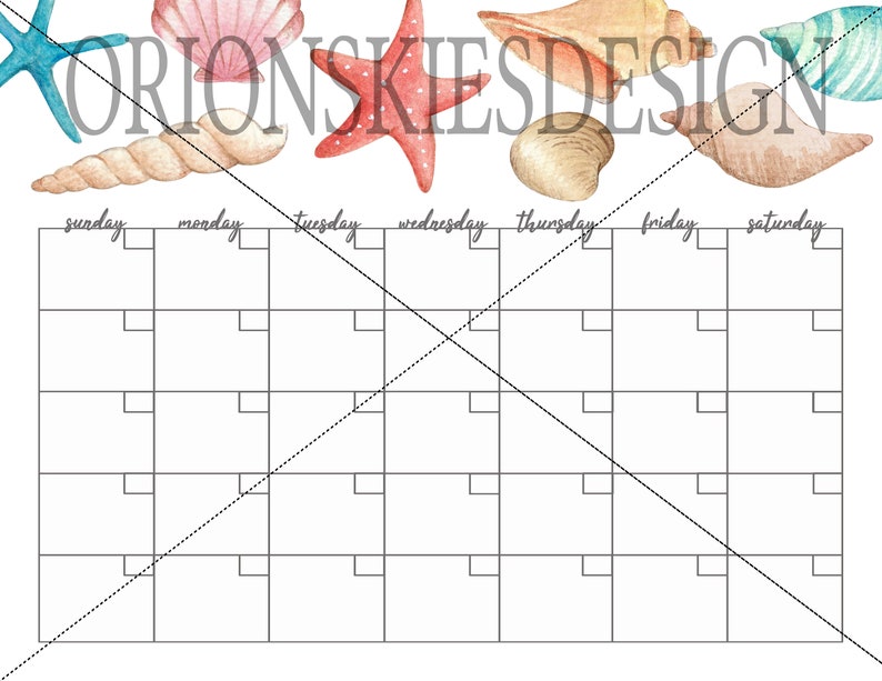 Printable Shell Calendar Beach Ocean Nautical Summer | Etsy