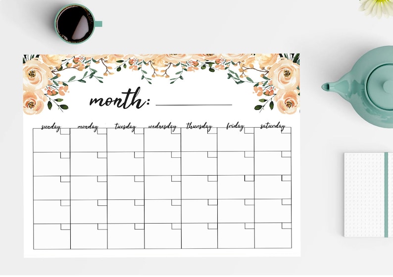 Printable Monthly Calendar, Blank Calendar, Floral Calendar, Shabby ...