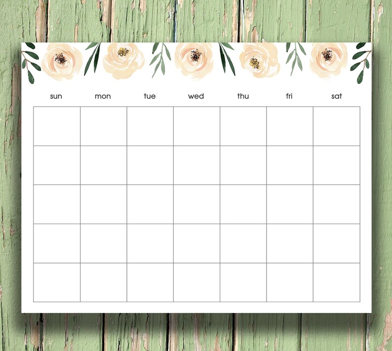 Printable Monthly Calendar, Blank Calendar, Floral Calendar, Shabby ...