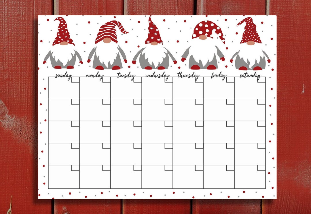 Printable Blank Monthly Gnome Calendar Tomten Jul Scandinavian Swedish ...