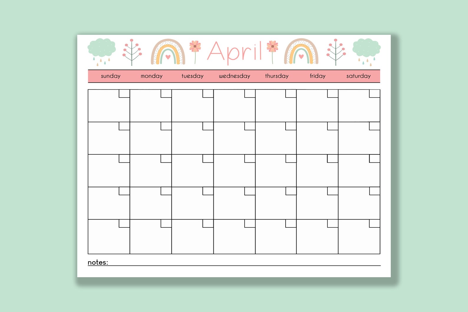Printable April Calendar Blank Calendar Monthly Agenda - Etsy