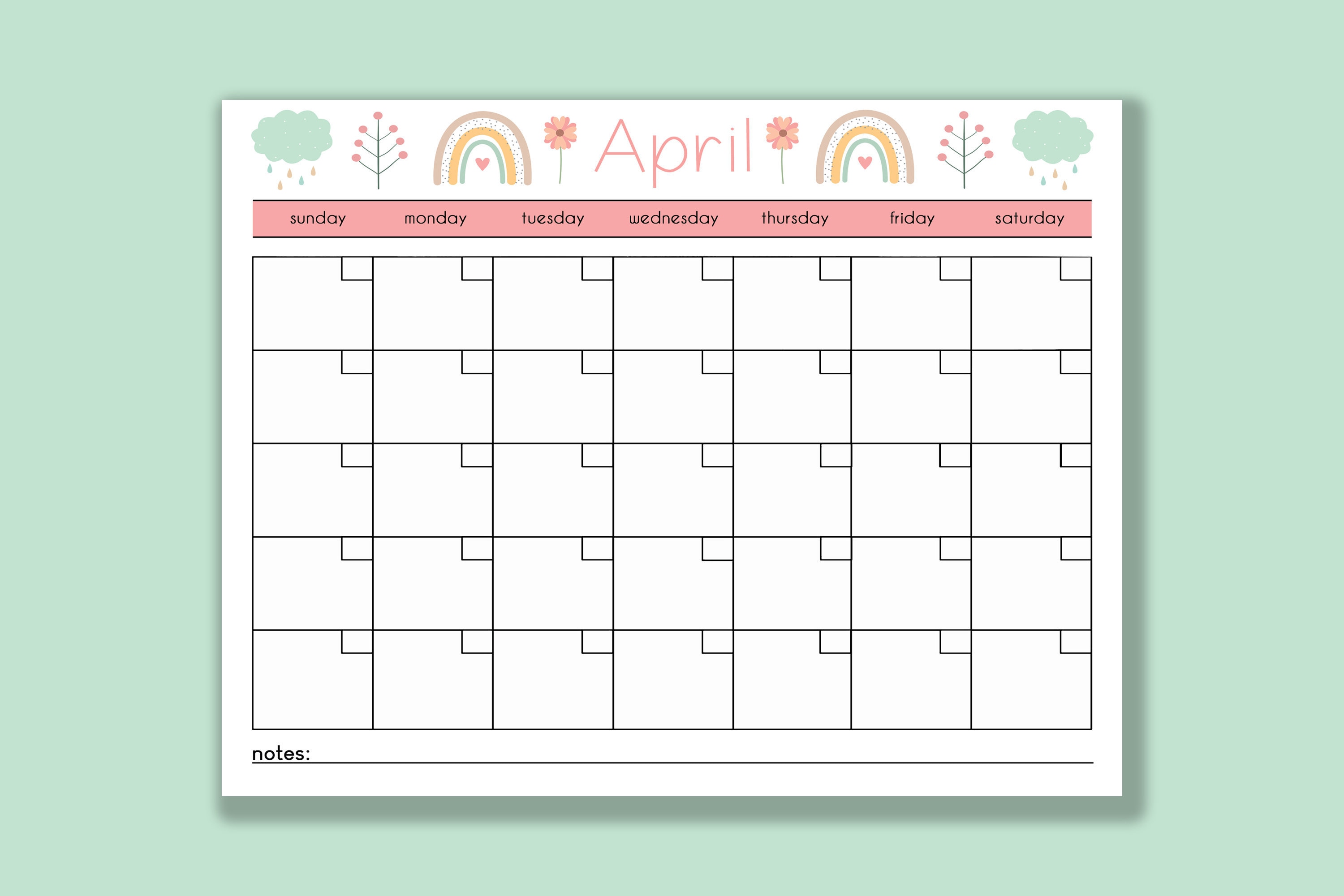 Calendario de abril imprimible / Calendario en blanco / Agenda - Etsy ...
