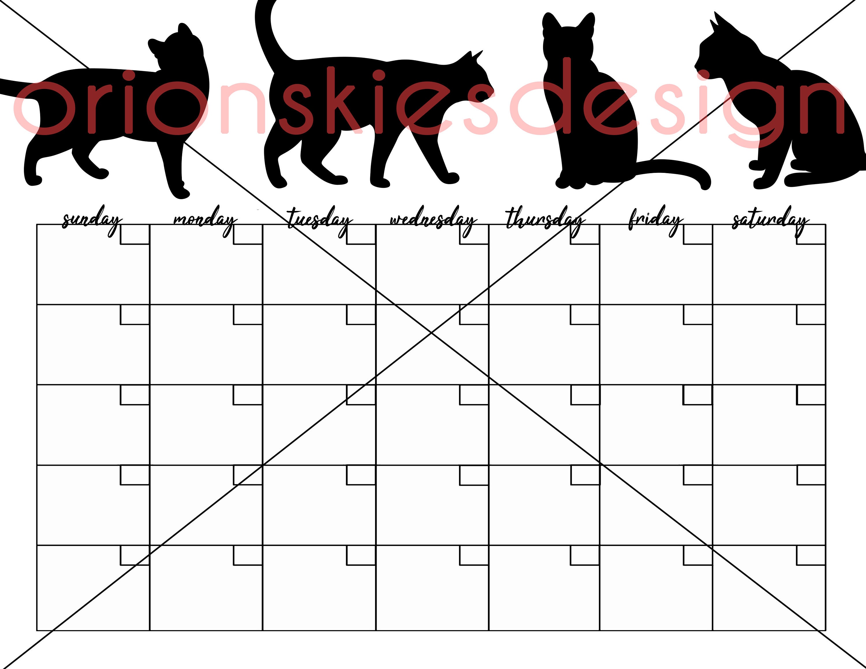 Printable Cats Calendar | Monthly | Blank | Black & White | Black Cats ...