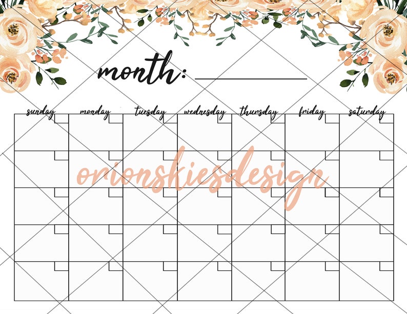 Printable Monthly Calendar, Blank Calendar, Floral Calendar, Shabby ...