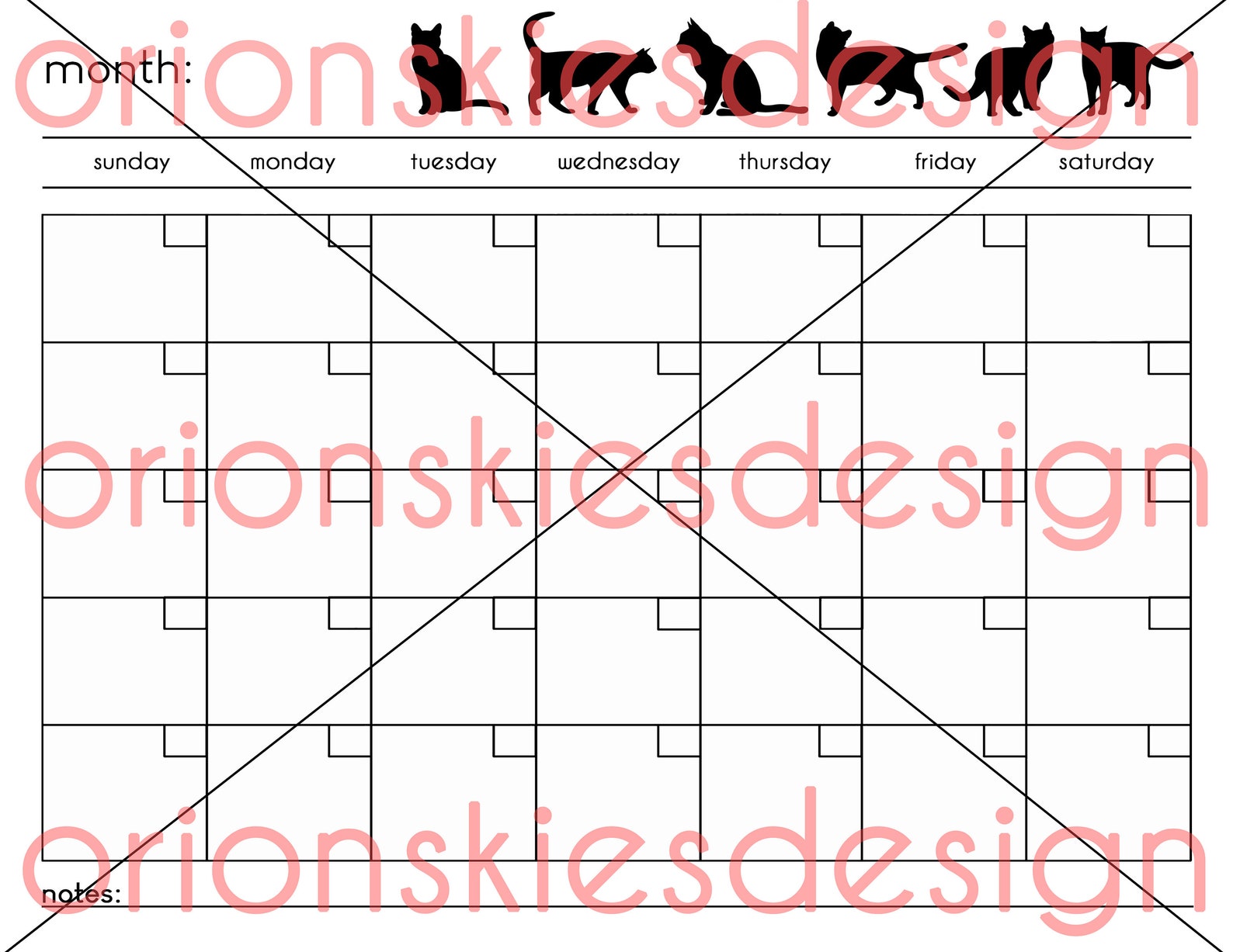 Printable Cats Calendar | Monthly | Blank | Black & White | Black Cats ...