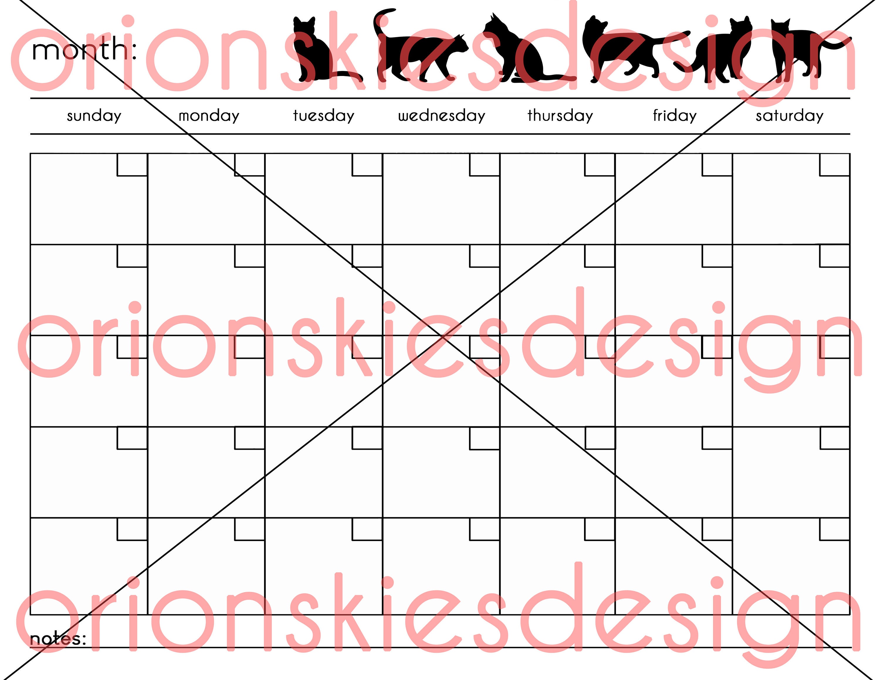 Printable Cats Calendar | Monthly | Blank | Black & White | Black Cats ...