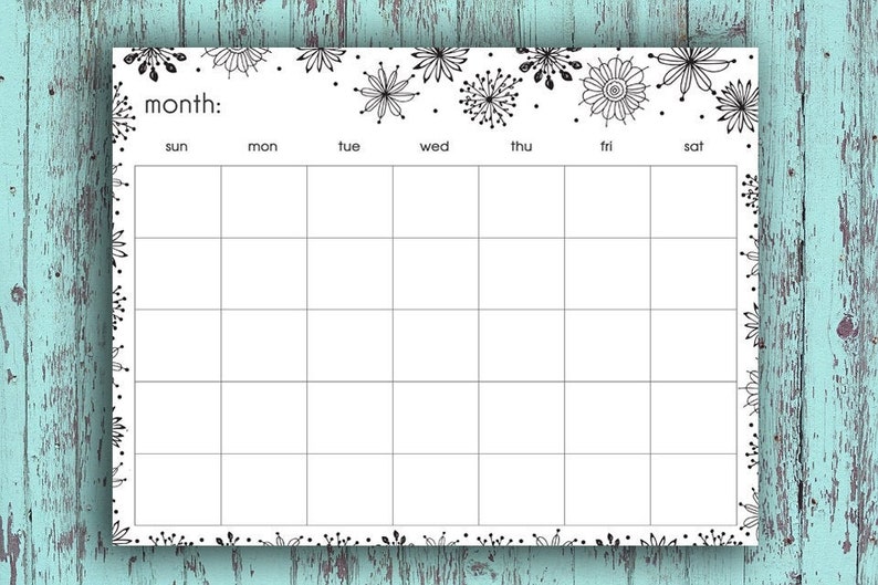 Floral Monthly Calendar, Blank Calendar, Printable, Monthly Agenda ...