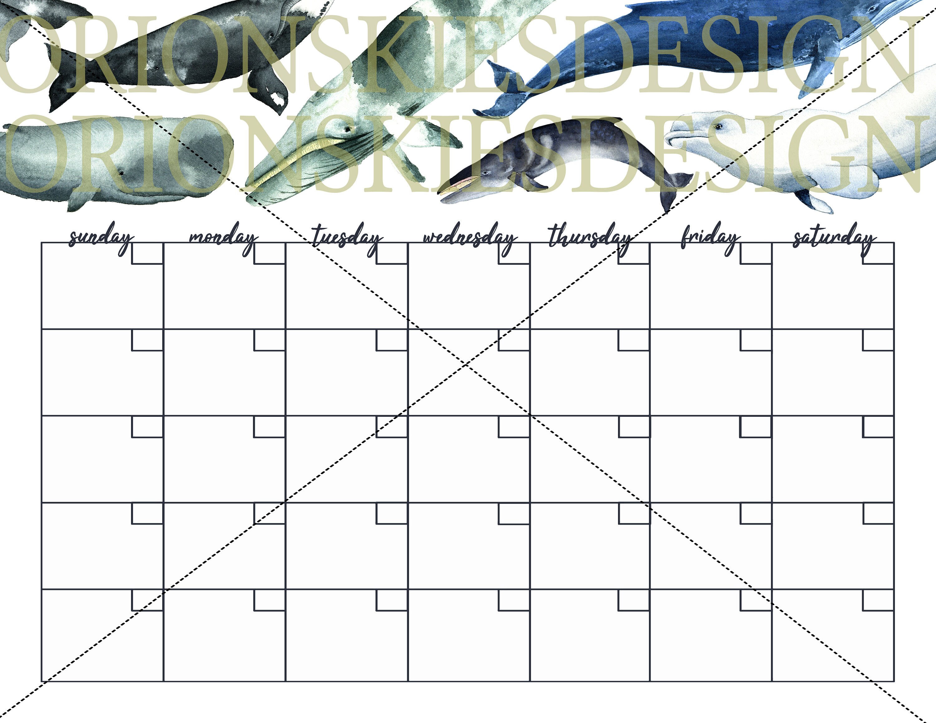 Whales Blank Printable Calendar | Whale | Ocean | Beach | Nautical ...
