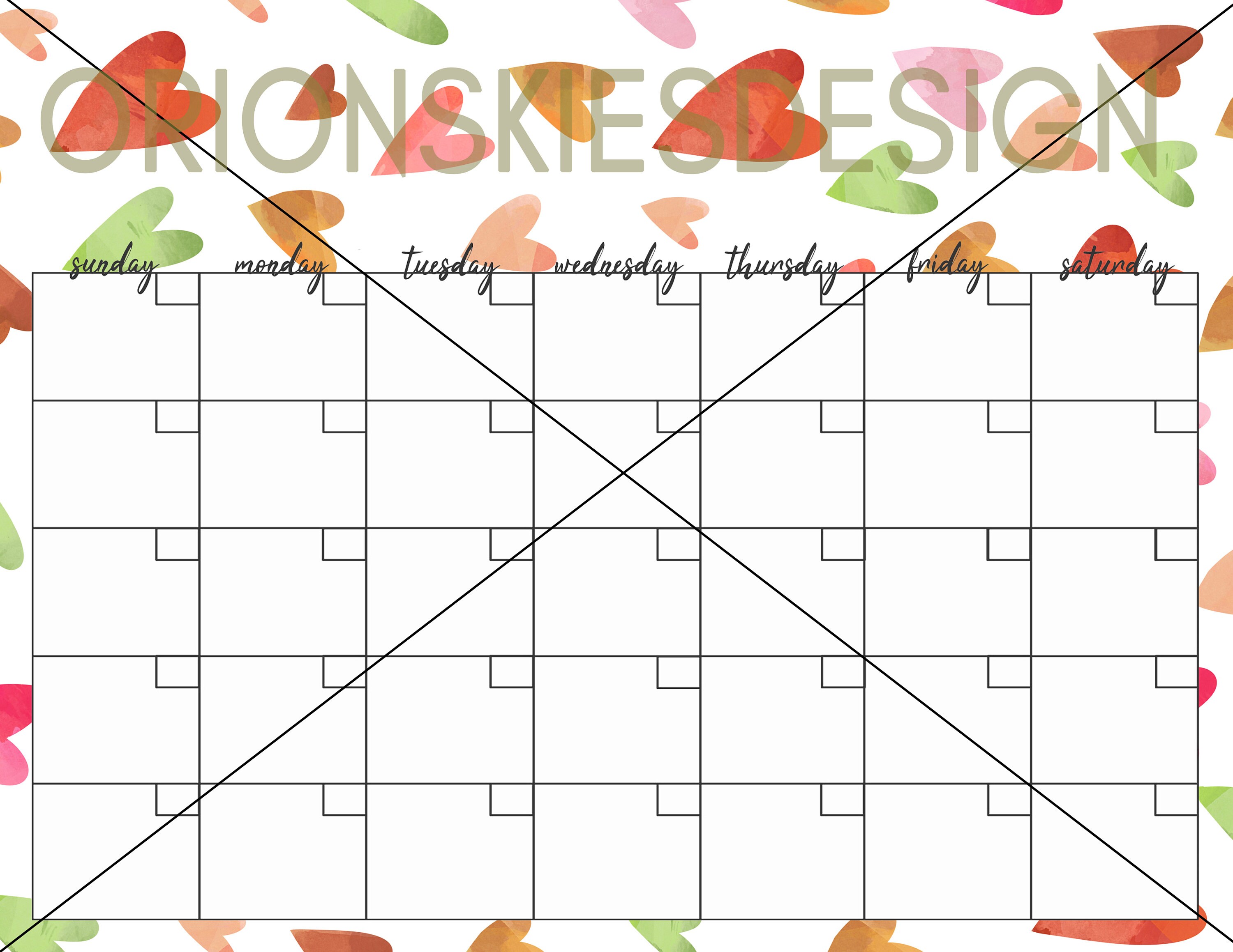 Hearts Calendar Printable Calendar Blank Calendar February Valentine's ...