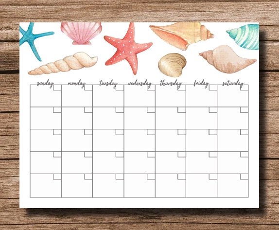 Printable Shell Calendar | Beach | Ocean | Nautical | Summer | June ...