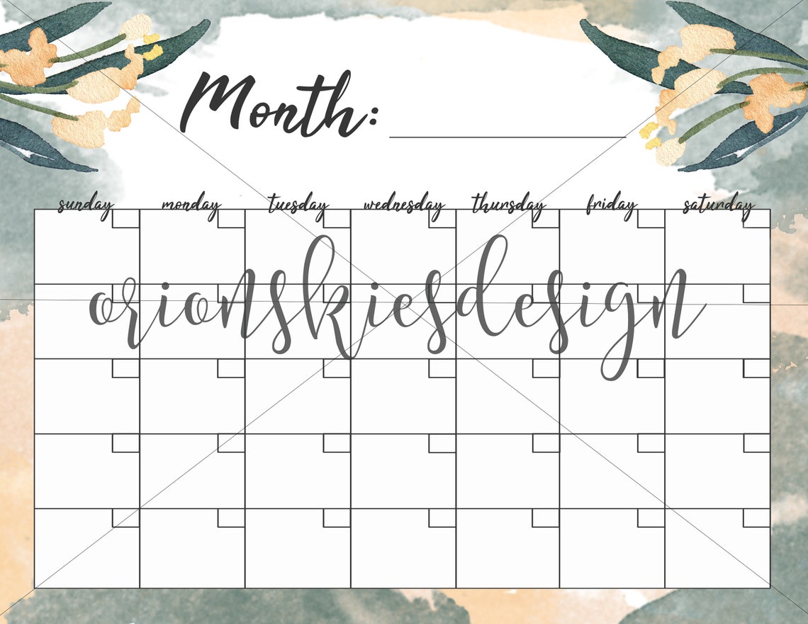 Monthly Calendar Blank Calendar Printable Watercolor | Etsy