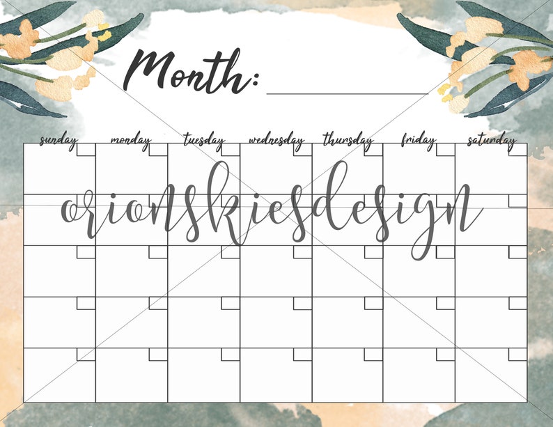 Monthly Calendar Blank Calendar Printable Watercolor | Etsy