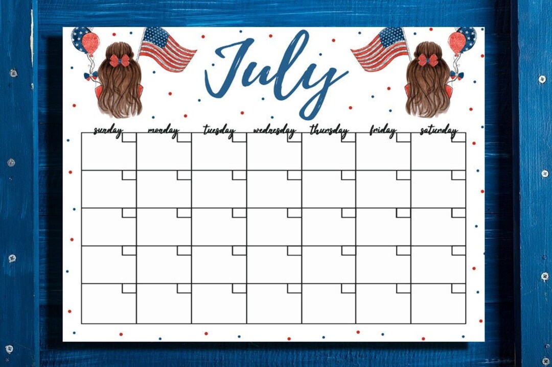 July Printable Calendar 4th of July Patriotic Girl Flags - Etsy