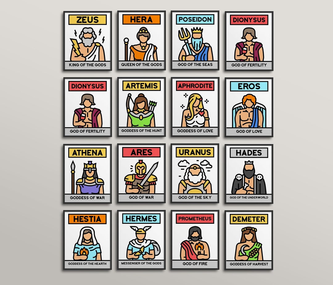 Set of 16 Greek Gods Icon Style Gallery Wall - Greek Mythology, Goddess ...