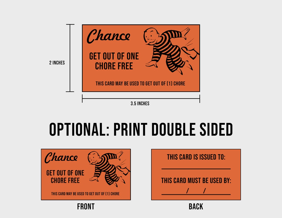Monopoly CHORES Coupon - Get Out of Chores Free Card, Behavior Reward ...
