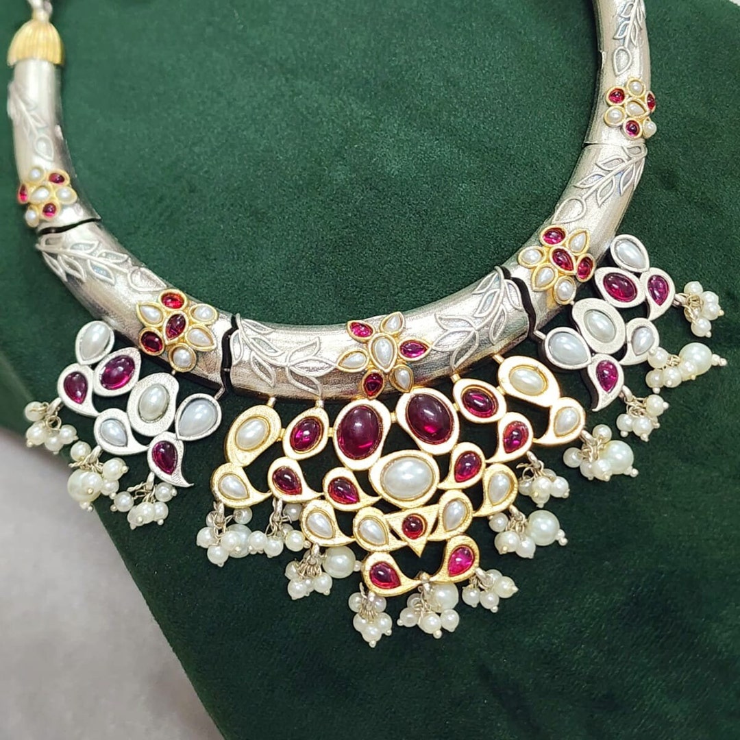 Moissanite Dual Tone Hansli Necklace: Rajput Tribal Silver Necklace - Etsy