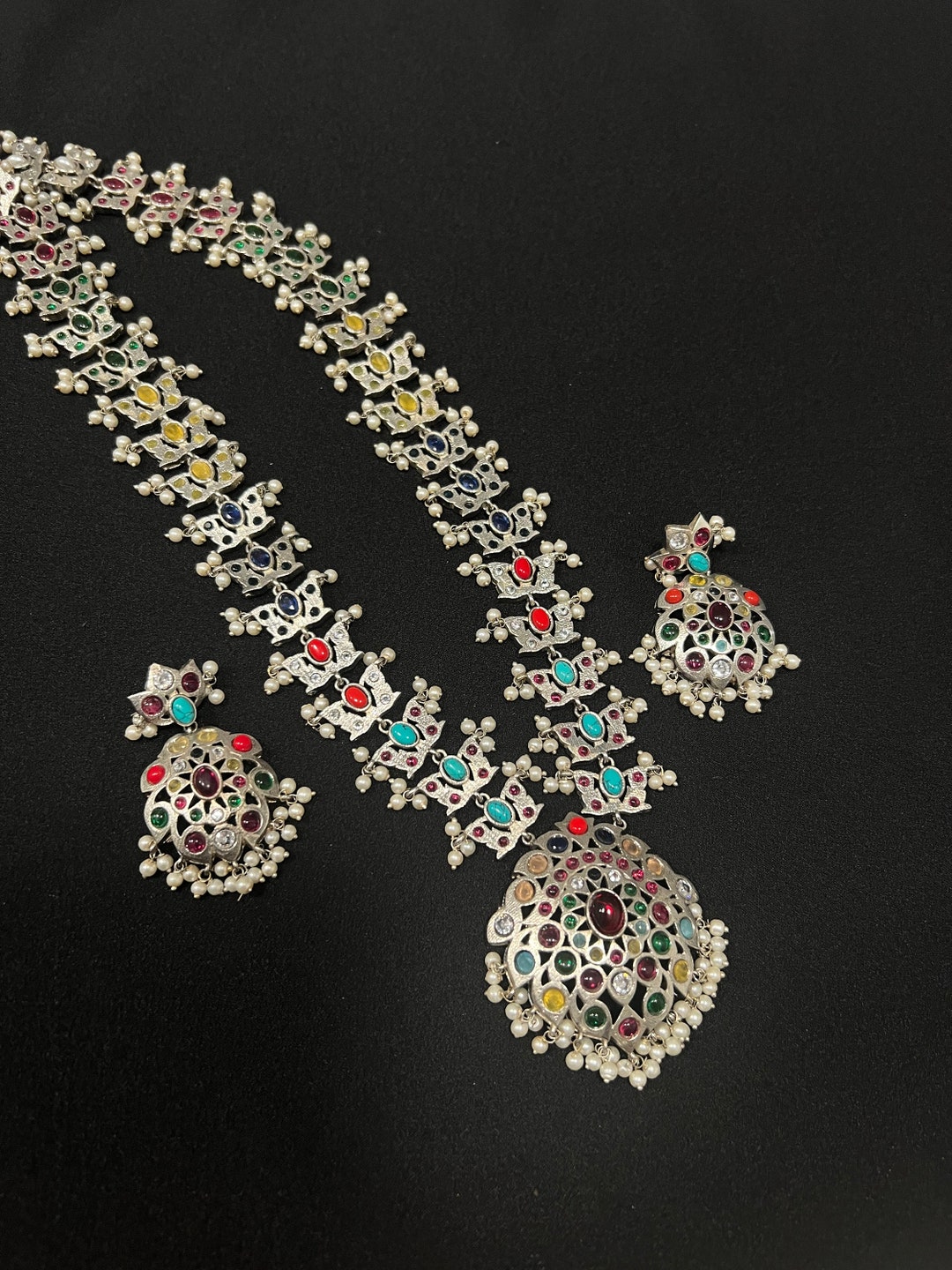 Red Turquoise Stone Oxidized Silver Long Necklace/ Dual Tone Necklace ...